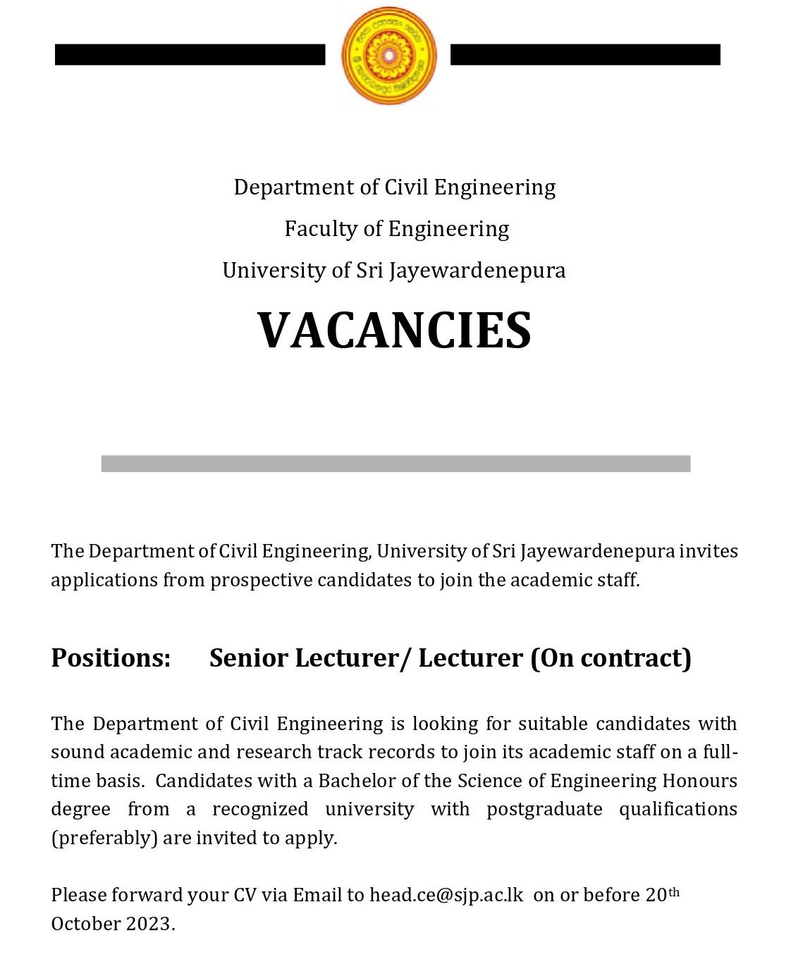 Academic Vacancies – Department of Civil Engineering