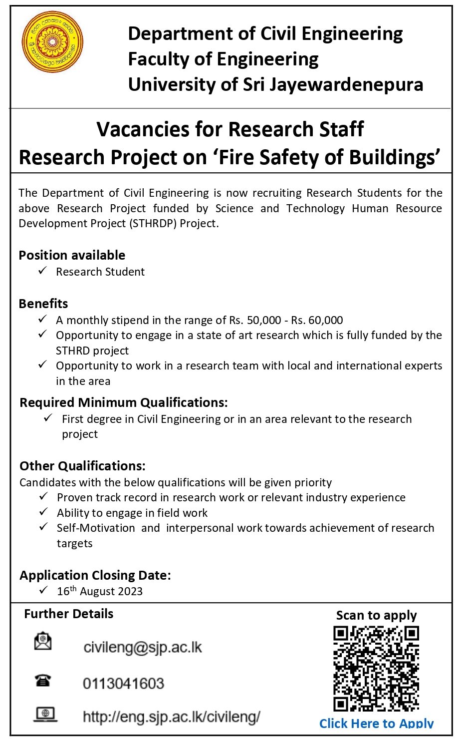 Vacancies for Research Staff -Research Project on ‘Fire Safety of ...