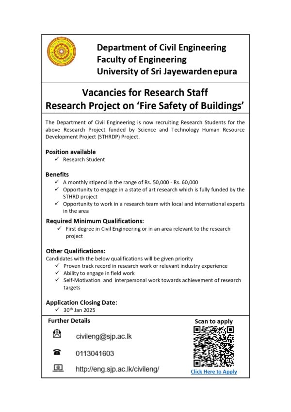 Vacancies for Research Staff Research Project on ‘Fire Safety of Buildings’ – Department of ...