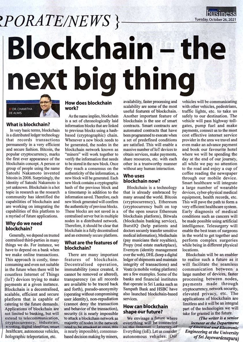 An article on “Blockchain – The Next BIG Thing” by Dr. Chamitha de Alwis – Department of ...
