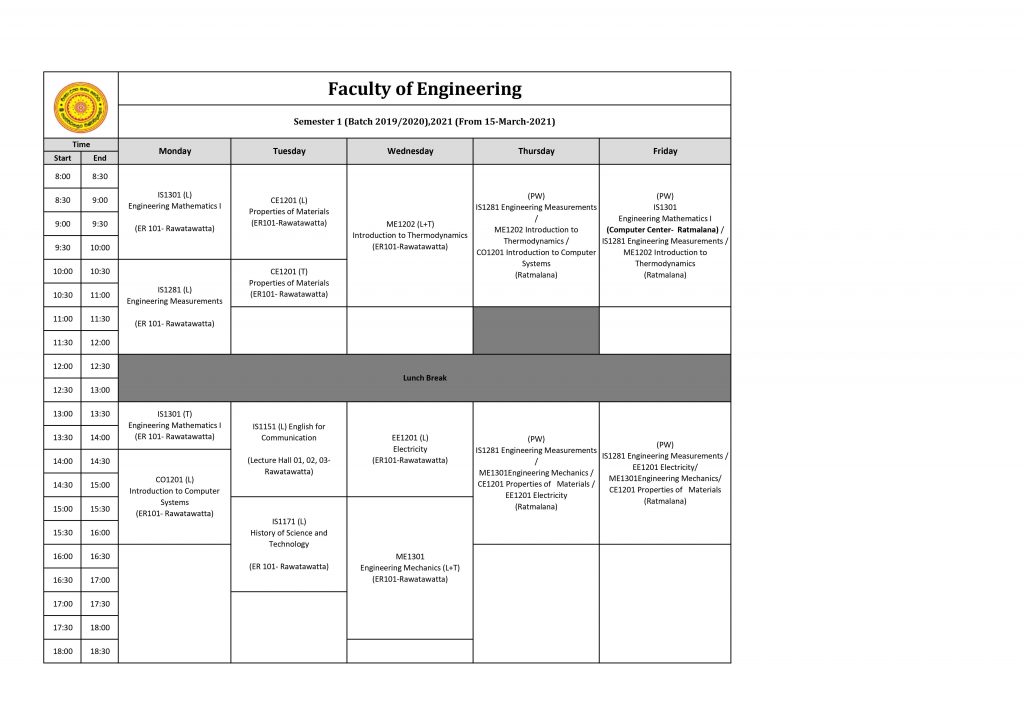 Semester 1 Timetable – 2019/2020 Batch – Faculty of Engineering, University of Sri Jayewardenepura