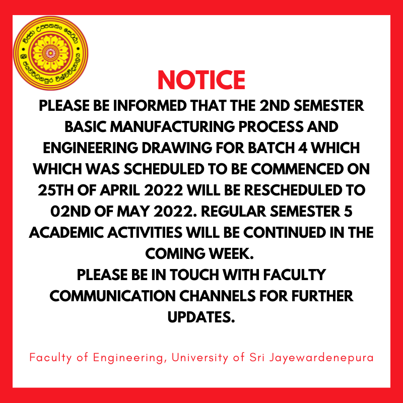 Notice – Faculty of Engineering, University of Sri Jayewardenepura