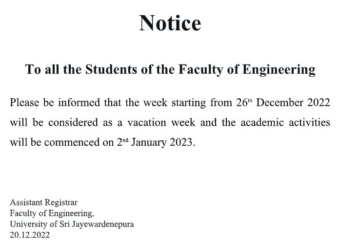 Vacation Notice – Faculty of Engineering, University of Sri Jayewardenepura