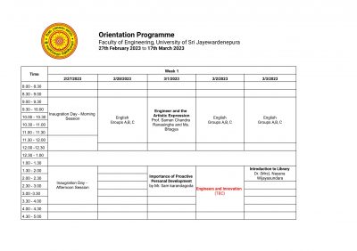 Program Lineup – Faculty of Engineering, University of Sri Jayewardenepura